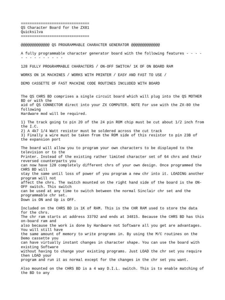 ZX81 QS Character Generator Board Guide | PDF | Bit | Computing
