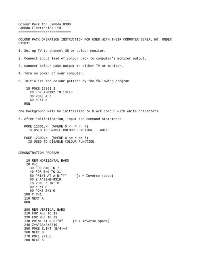 Lambda 8300 Colour Pack Instructions | PDF | Input/Output | Classes Of ...