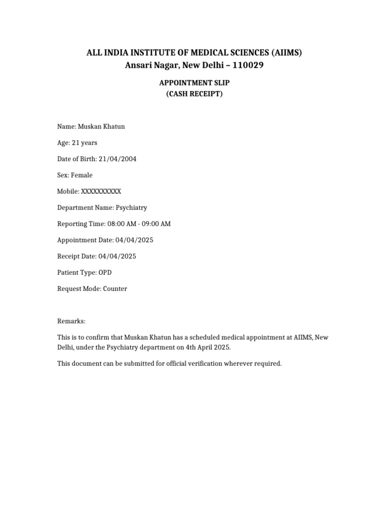 AIIMS Appointment Letter Muskan Khatun | PDF