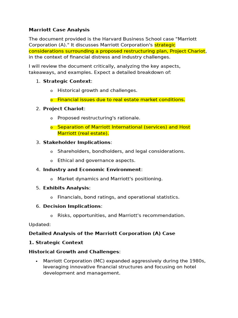 Marriott Corporation Case Study Analysis | PDF | Debt | Expense