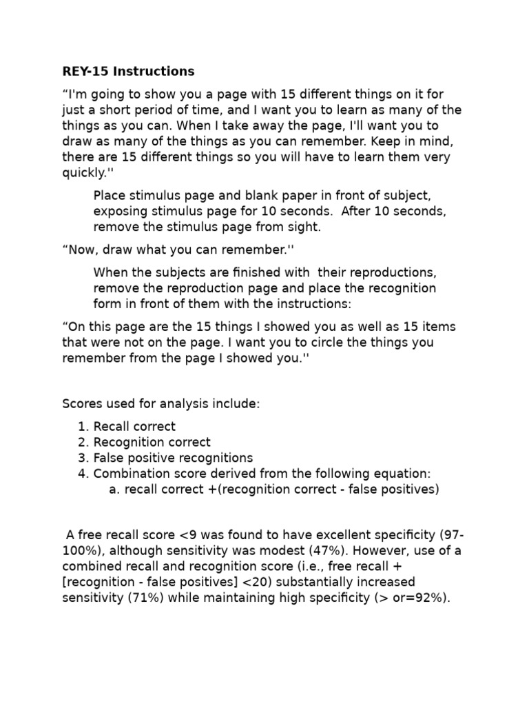 Rey-15 Item Memory Test Instructions | PDF