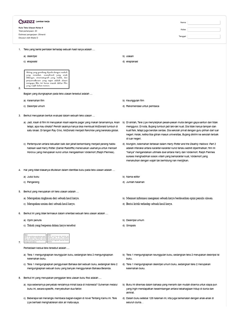 Kuis Teks Ulasan Kelas 8 - Quizizz | PDF