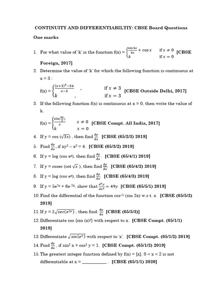 Board Questions Continuity and Differentiabiltiy | PDF | Mathematical ...