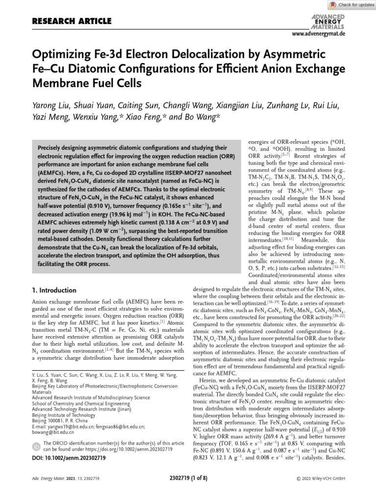 Advanced Energy Materials - 2023 - Liu - Optimizing Fe 3d Electron Delocalization by Asymmetric ...