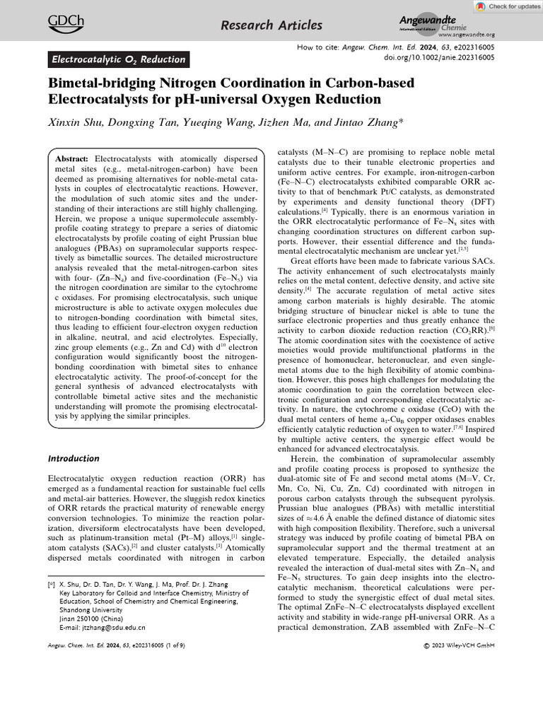Angew Chem Int Ed - 2023 - Shu - Bimetal Bridging Nitrogen Coordination in Carbon Based ...