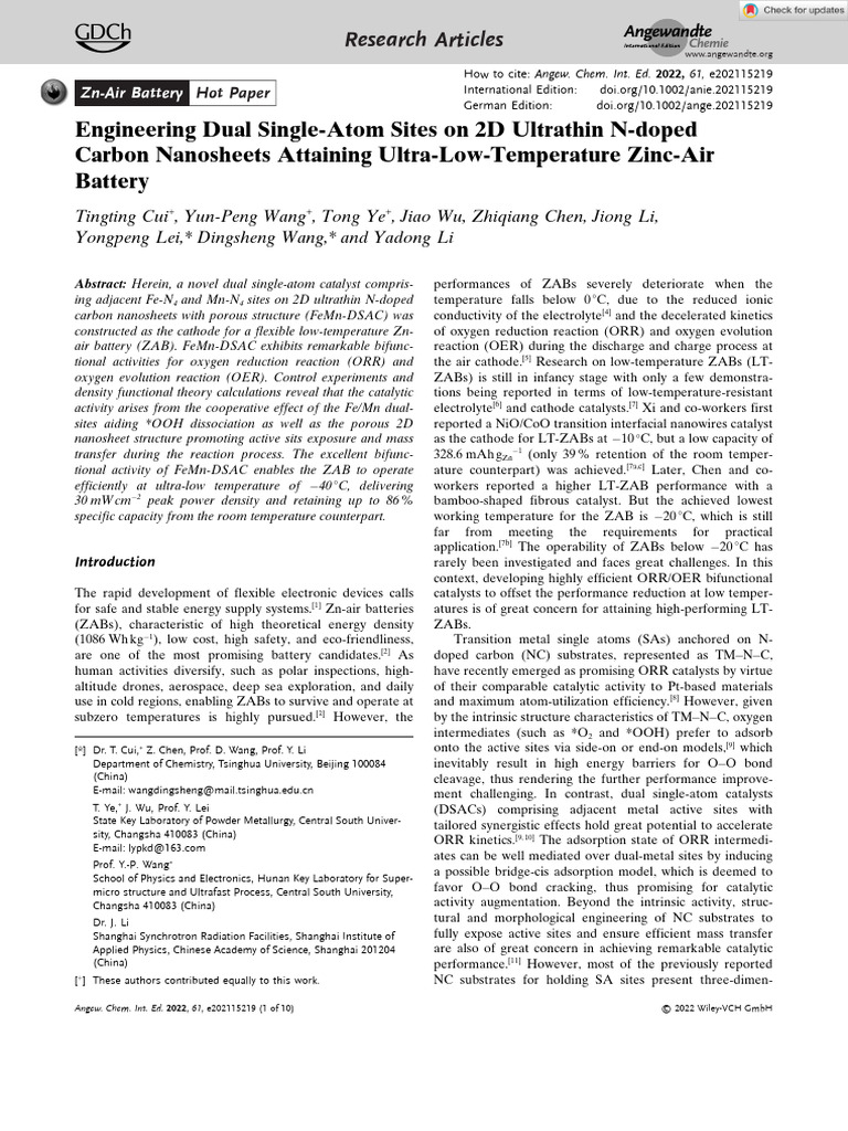 Angew Chem Int Ed - 2022 - Cui - Engineering Dual Single Atom Sites On ...