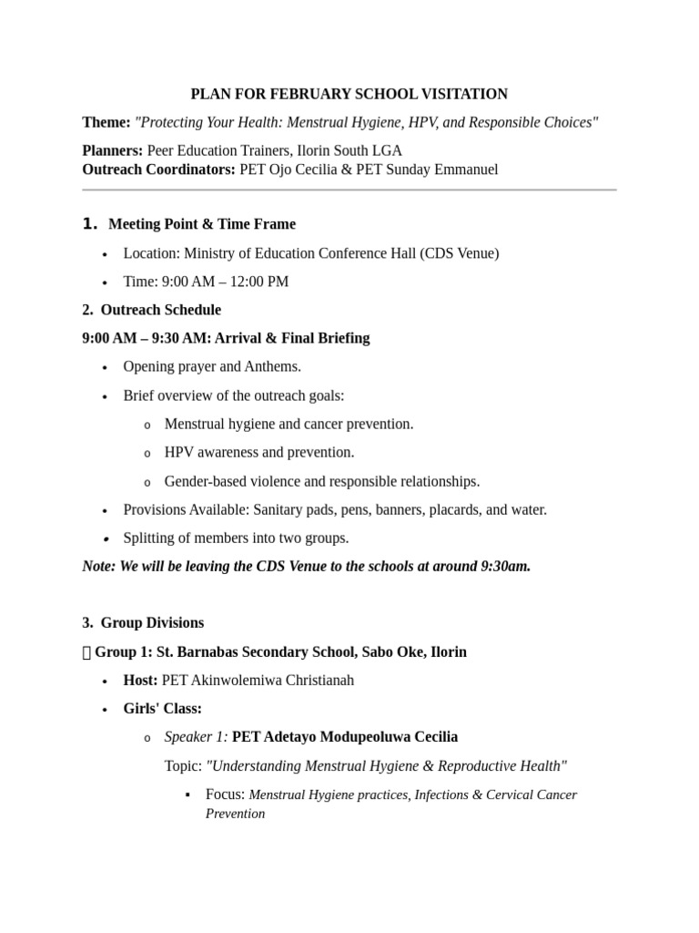 Plan For February School Visitation | PDF | Human Reproduction | Woman