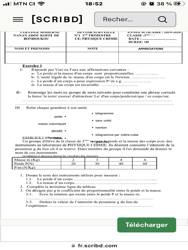 DEVOIR Phy-Chimie 3EME N°1 PDF Poids Masse | PDF