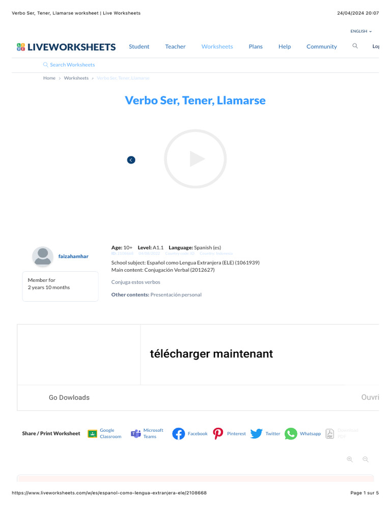 Verbo Ser, Tener, Llamarse Worksheet - Live Worksheets | PDF | Worksheet