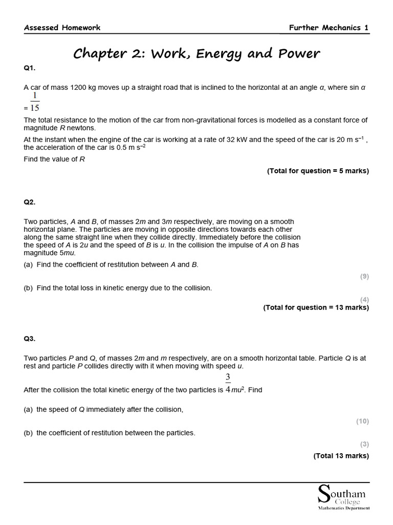 Mechanics Homework: Work, Energy, Power | PDF | Collision | Force