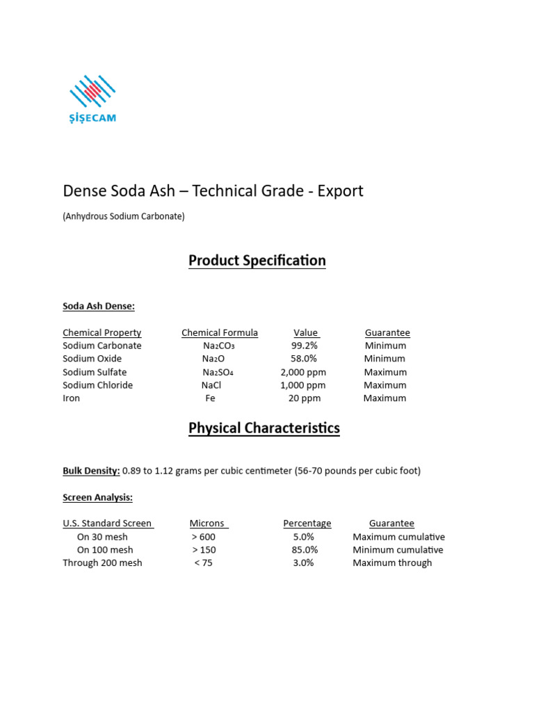 Dense Soda Ash Technical Grade Export | PDF
