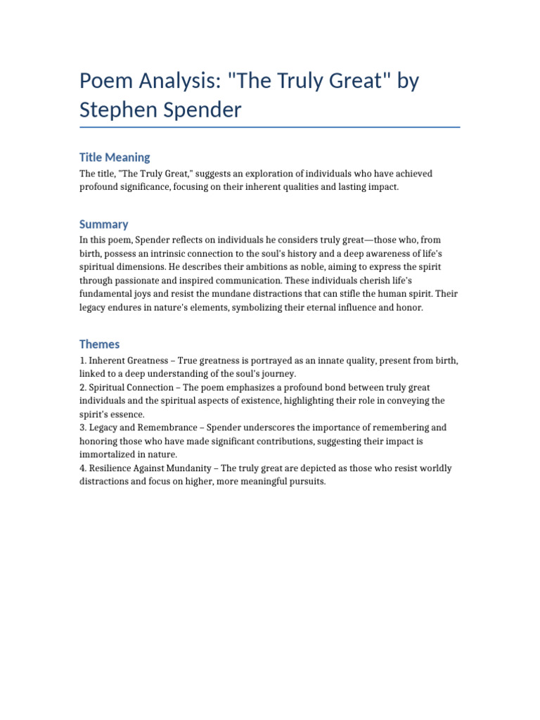 The Truly Great Poem Analysis | PDF