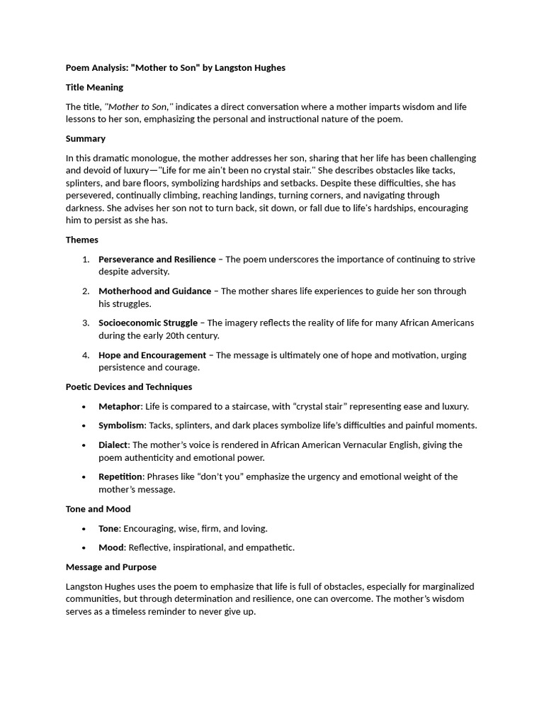Mother To Son Poem Analysis | PDF