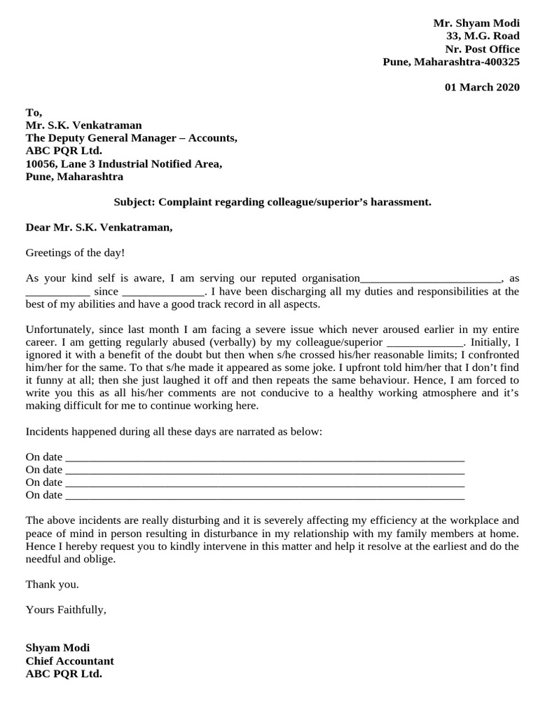 Workplace Harassment Complaint Letter | PDF | Aggression | Injustice
