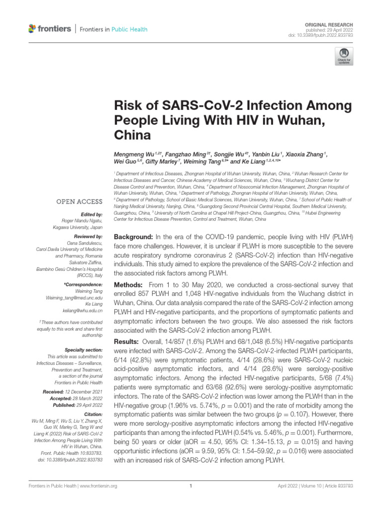 SARS-CoV-2 Risk in HIV Patients, Wuhan | PDF | Serology | Management Of ...