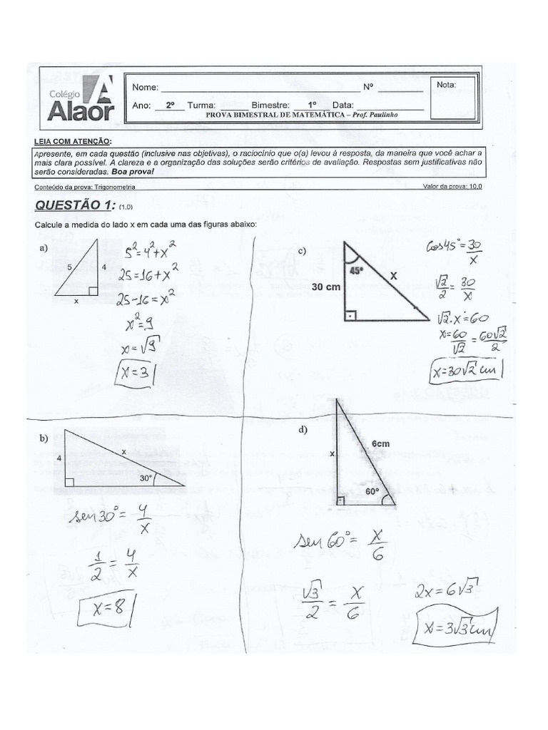Gabarito PROVA MAT1 201 202 1BIM | PDF