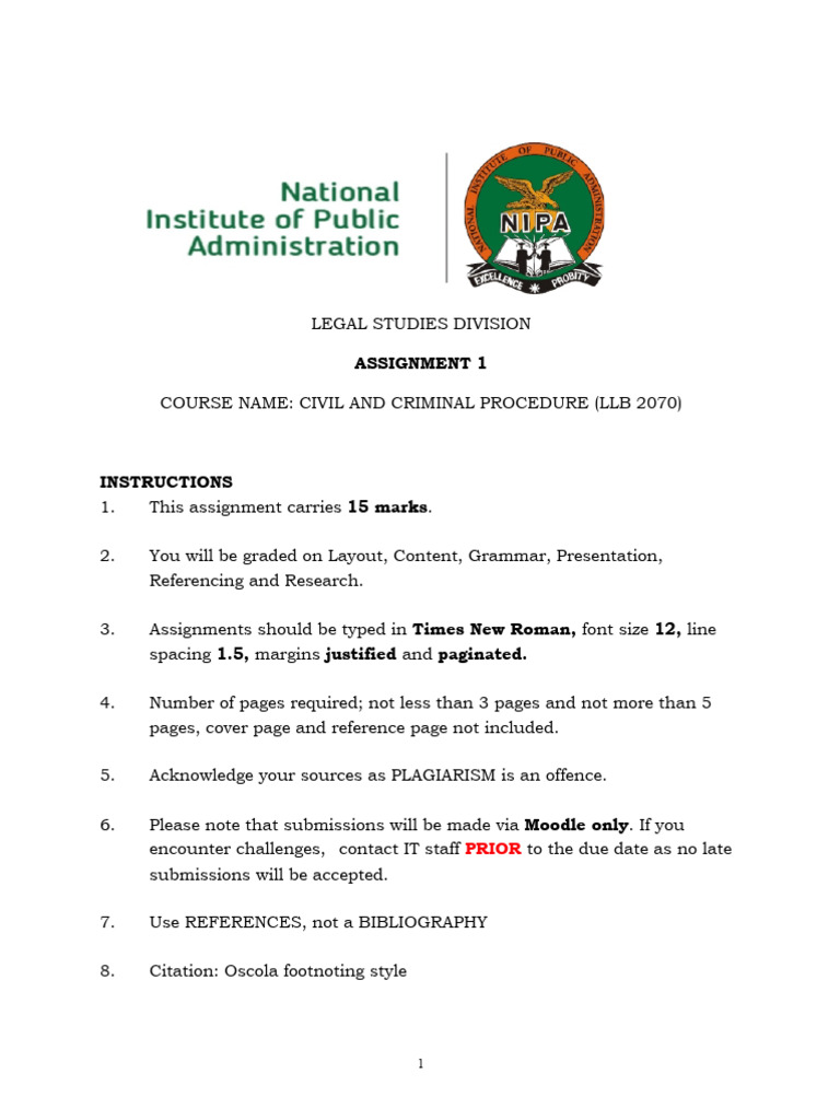 Nipa Assignment One - Civil and Criminal Procedure 2024 | PDF