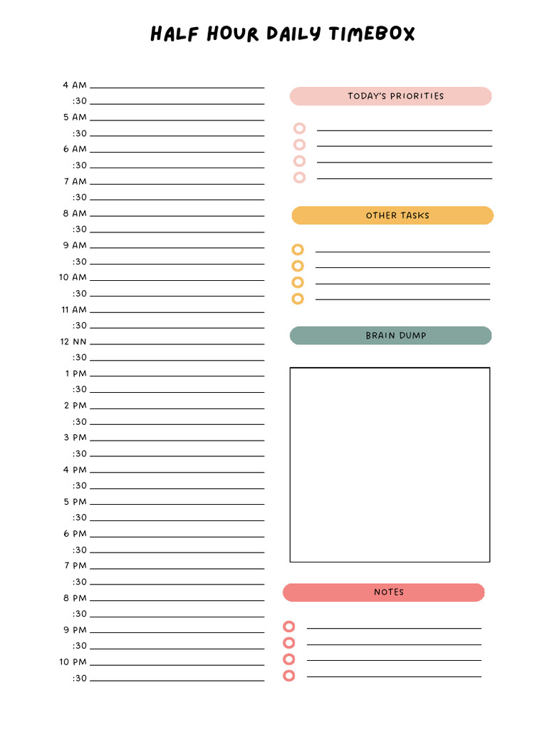 Colorful Minimalist Half Hour Daily Time Box Planner | PDF