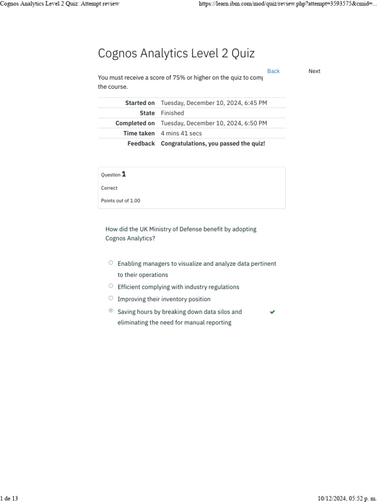 Cognos Analytics Level 2 Quiz - Attempt Review | PDF | Analytics | Business Intelligence