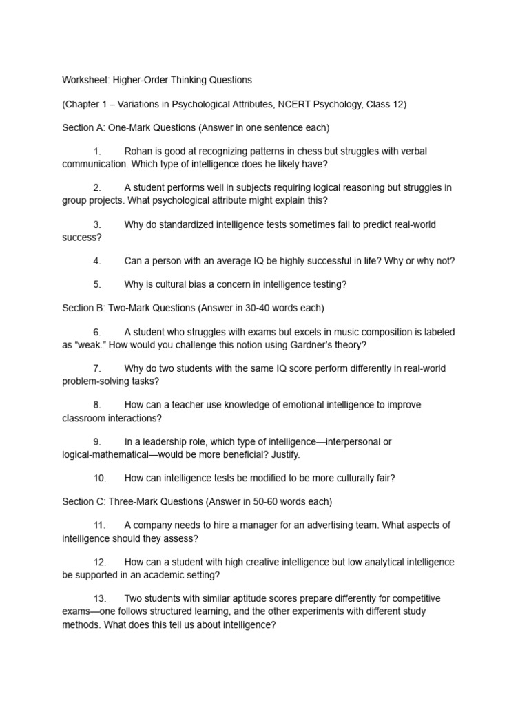Variations in Psychological Attributes - Worksheet 2 | PDF ...