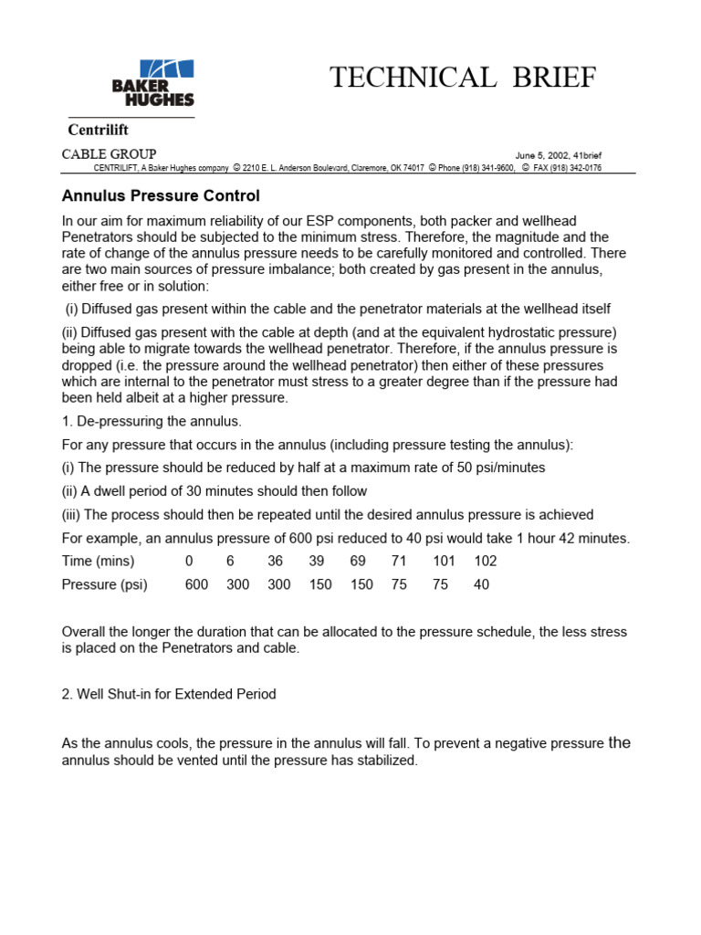 Annulus Pressure Bleed Down Procedure For Safe Cable Operation | PDF