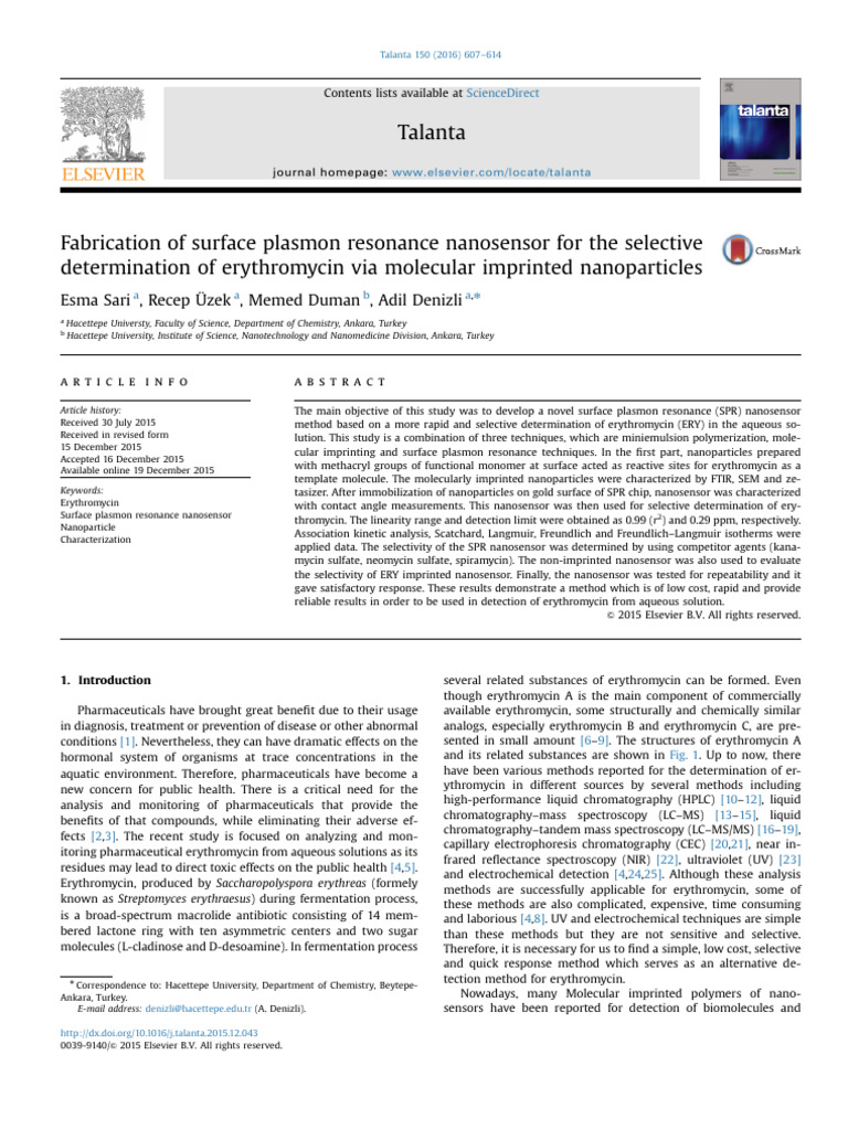 Fabrication of Surface Plasmon Resonance Nanosensor For The Selecti - 2016 - Tal | PDF | Surface ...
