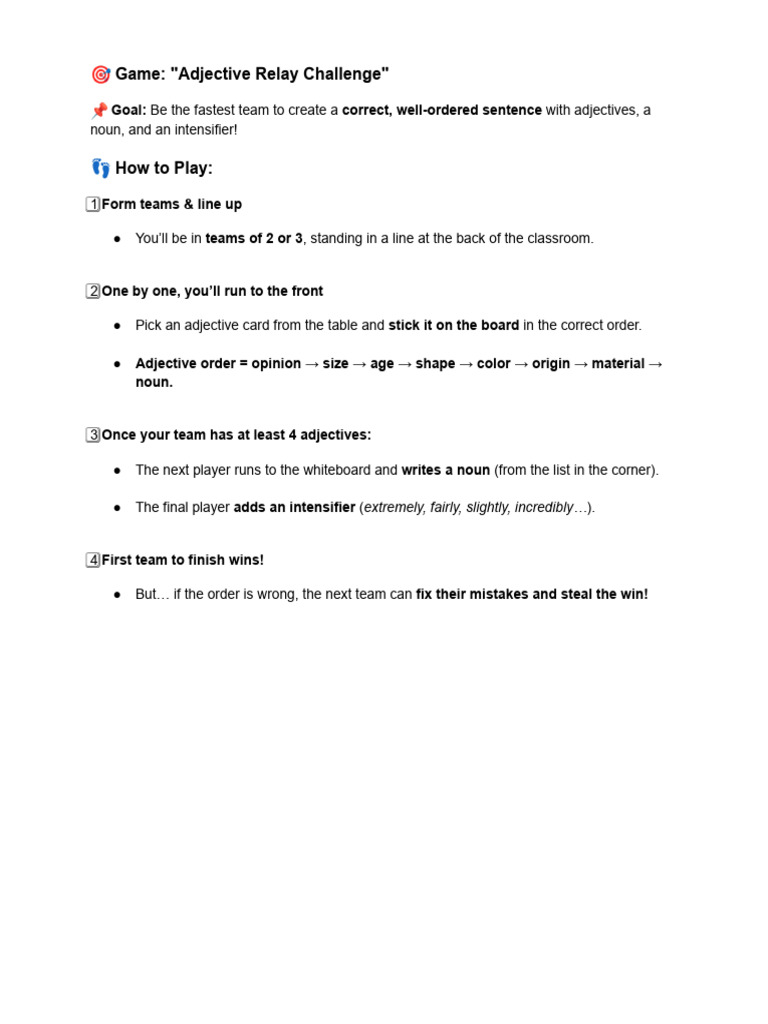 Adjective Relay Challenge | PDF