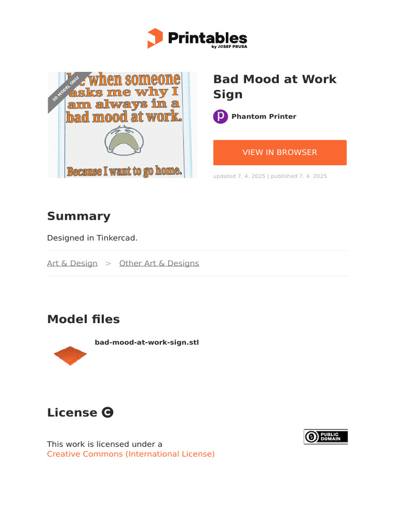 Bad Mood at Work 3D Sign Model | PDF