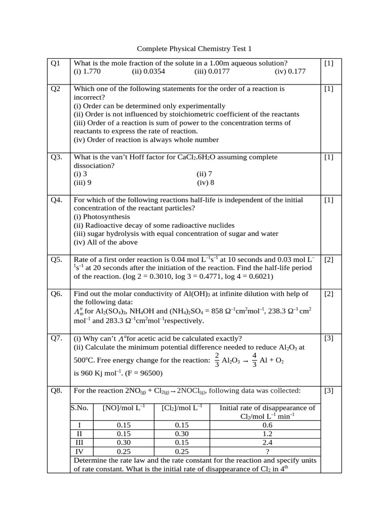 Complete Physical Chemistry Test 1 | PDF | Physical Chemistry | Chemistry
