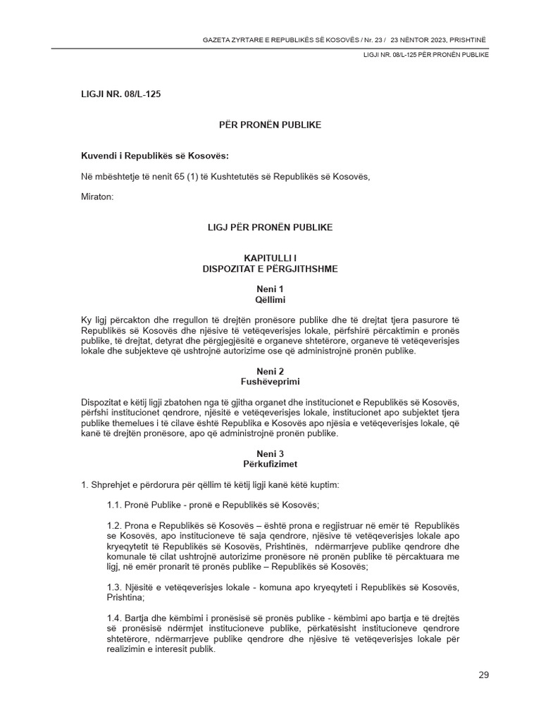 Ligji Nr. 08 L-125 Për Pronën Publike | PDF