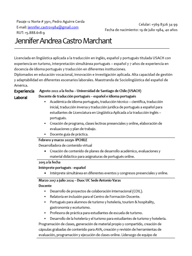 CV Jennifer Castro - 2025 | PDF | Turismo | Chile