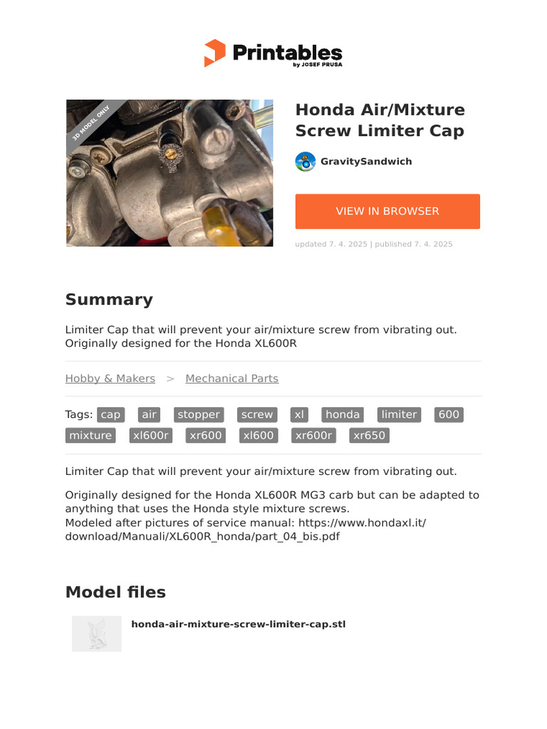 Honda Airmixture Screw Limiter Cap | PDF