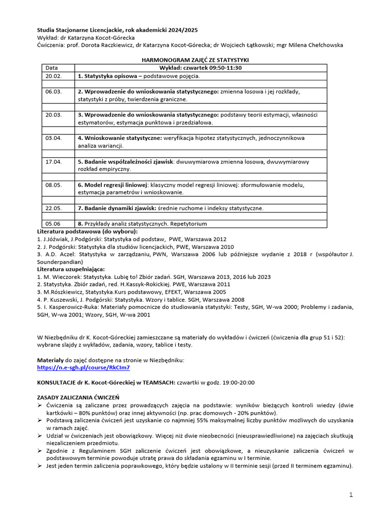 Harmonogram SLLD Wyklady 2024 2025 | PDF