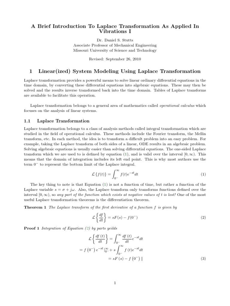 A Brief Introduction To Laplace Transformation - As Applied in ...