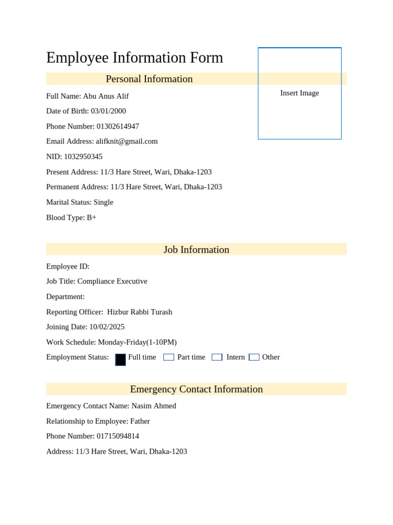 Employee Information Form | PDF