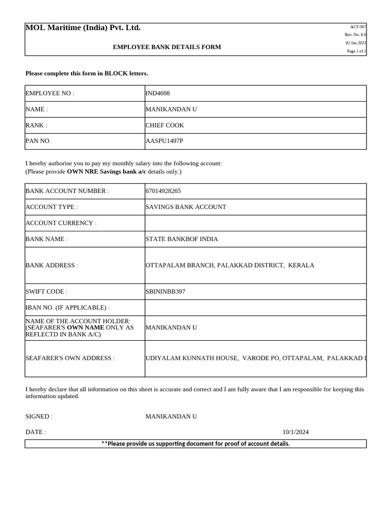 ACT 307 - Employee Bank Details Form | PDF