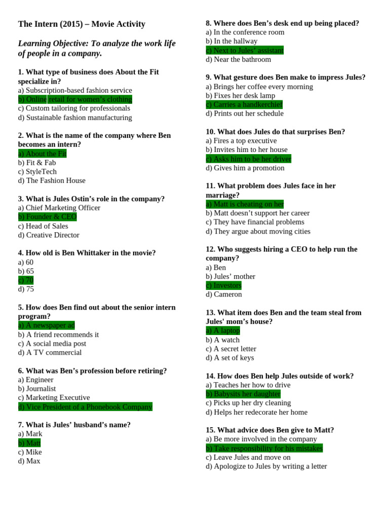 The Intern Movie Activity Guide | PDF