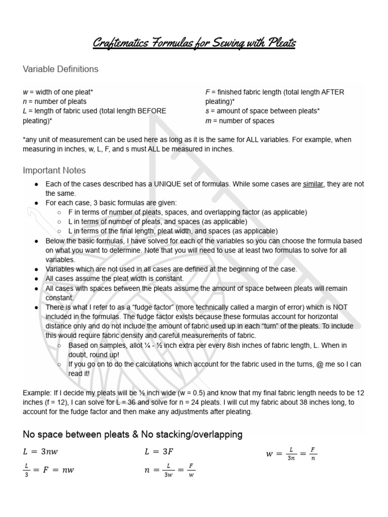 Pleat Calculation Formulas for Sewing | PDF | Length
