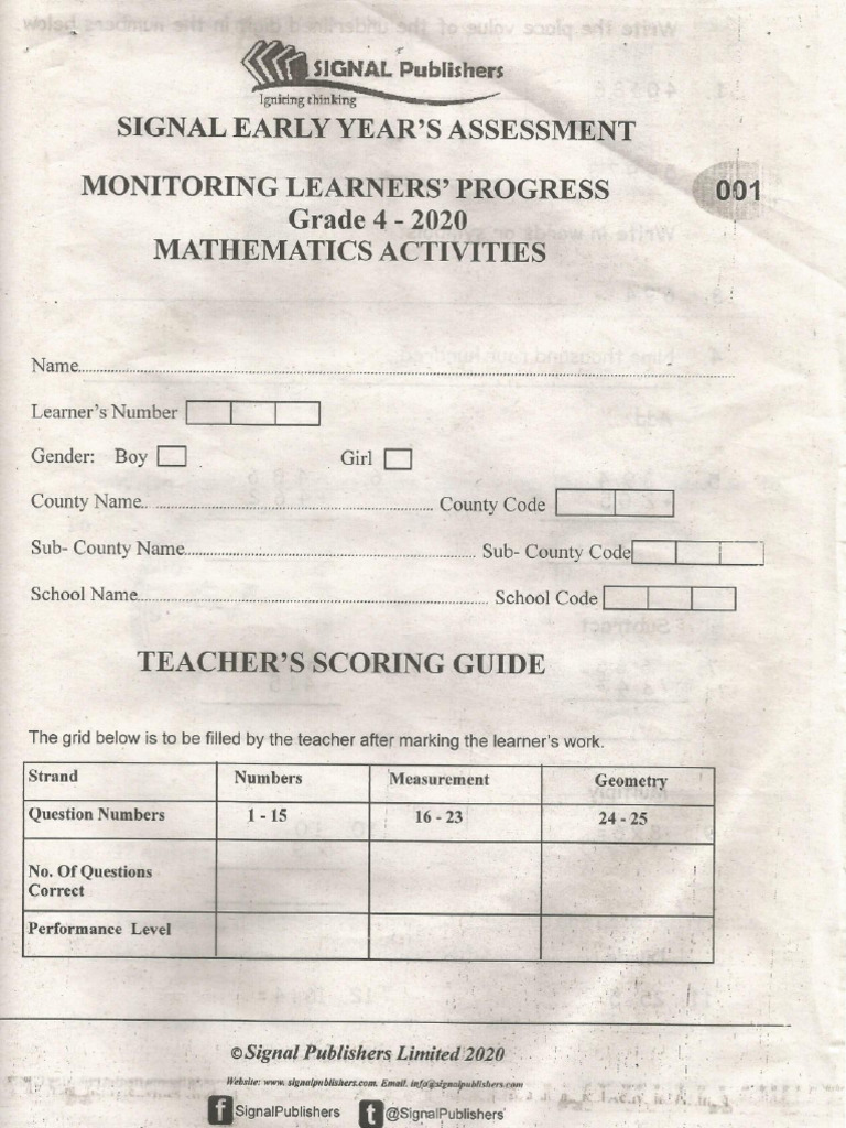 2020 GRADE 4 Mid T1 MATHEMATICS ACTIVITIES EXAM SET 2 Min | PDF