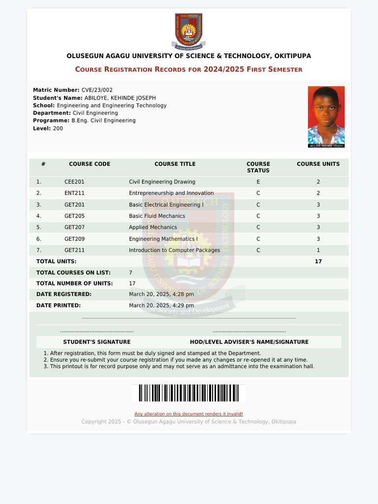 CVE-23-002 - 2024-2025 - First Semester Course Registration Form | PDF | Engineering | Science