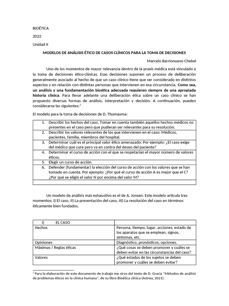 BIO_MODELOS DE ANÁLISIS Y TOMA DE DECISIONES ÉTICAS EN CLINICA MÉDICA | PDF | Bioética | Toma de ...
