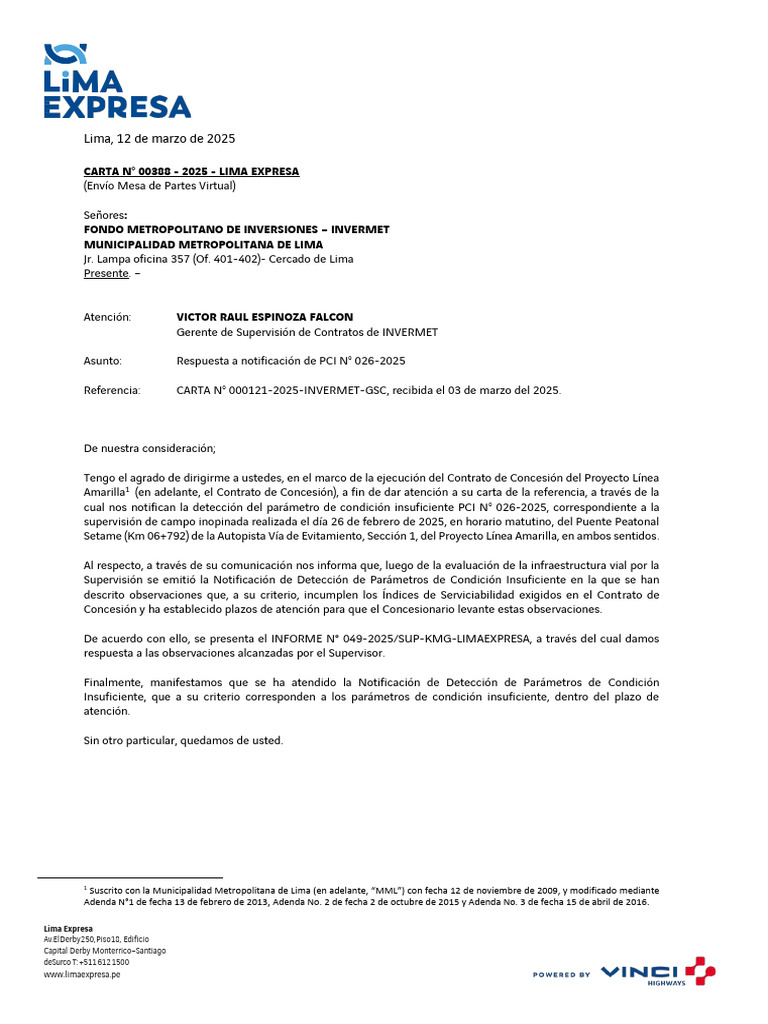 Carta #00388 - 2025 - Lima Expresa - Pci 26 | PDF | Lima