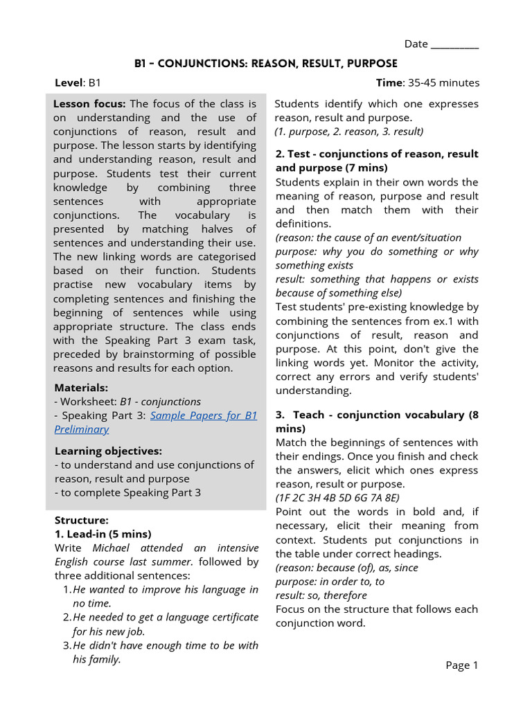 b1 Linking Words Reason Result Purpose Lesson Plan | PDF | Sentence (Linguistics) | Reason