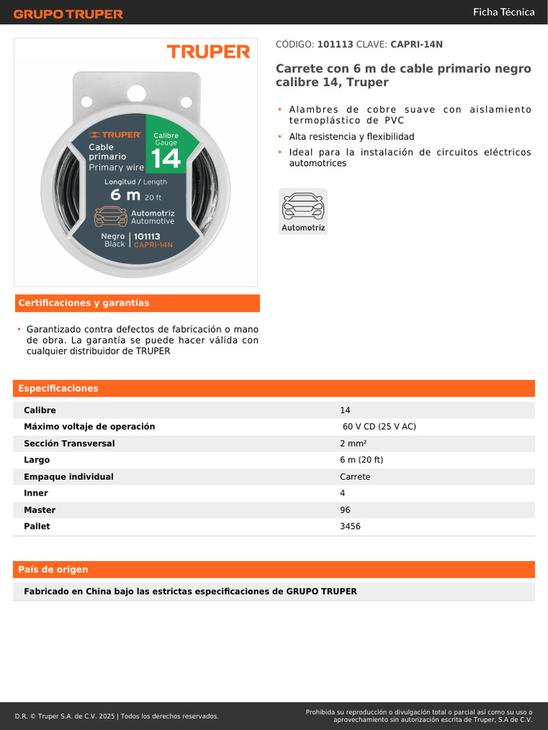 Carrete Con 6 M de Cable Primario Negro Calibre 14, Truper: CÓDIGO: 101113 CLAVE: CAPRI-14N ...