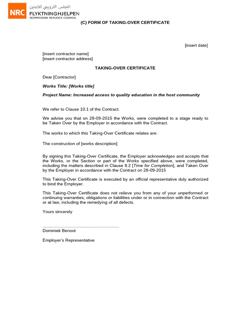 Taking Over Certificate Contractor - NRC | PDF
