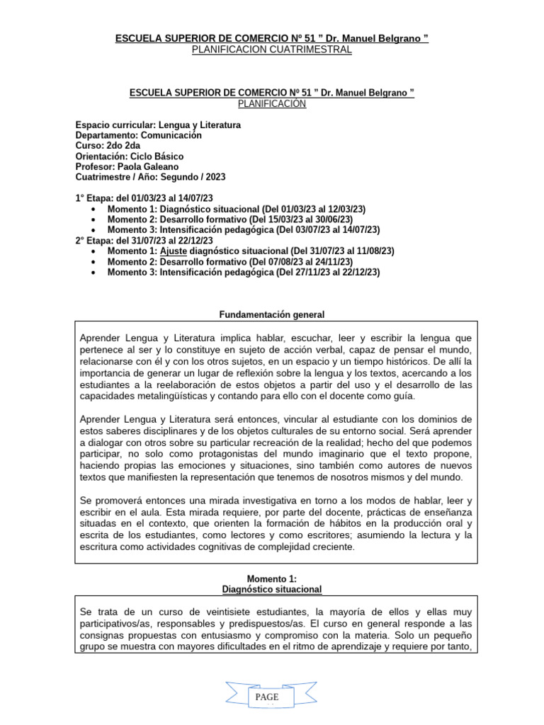 Prof. Paola Galeano - 2do 2da - Planif. Segundo Cuatrimestre 2023 - Lengua y Literatura. | PDF ...