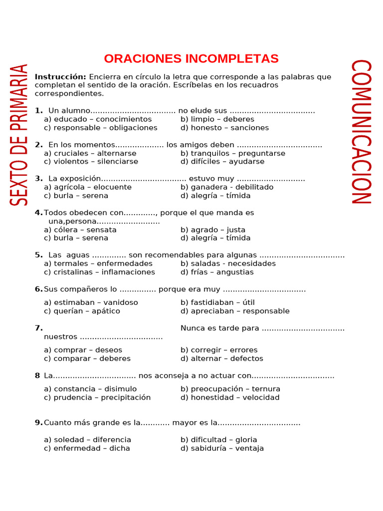 Ejercicios de Oraciones Incompletas para Sexto de Primaria | PDF ...
