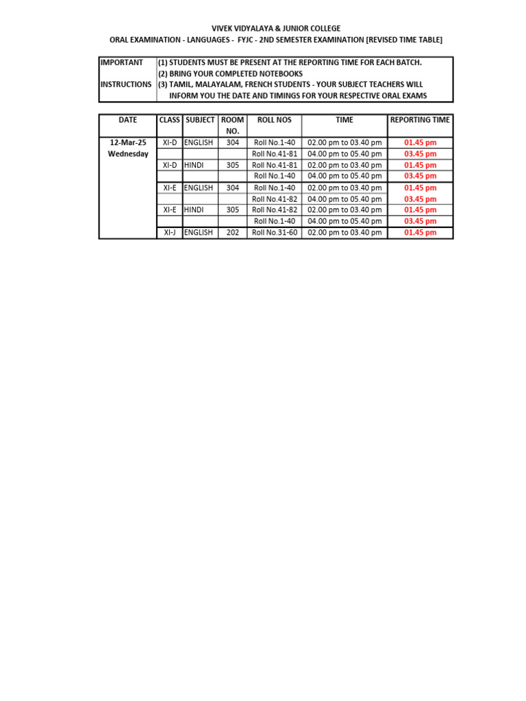 (REVISED) 12mar25 FYJC Time Table Languages Orals Div D, E, J (31-60) | PDF