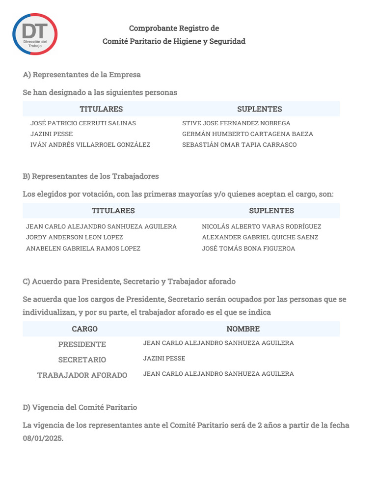 Comprobante de Registro de Comité Paritario de HyS - Planta Lampa - 2025 | PDF