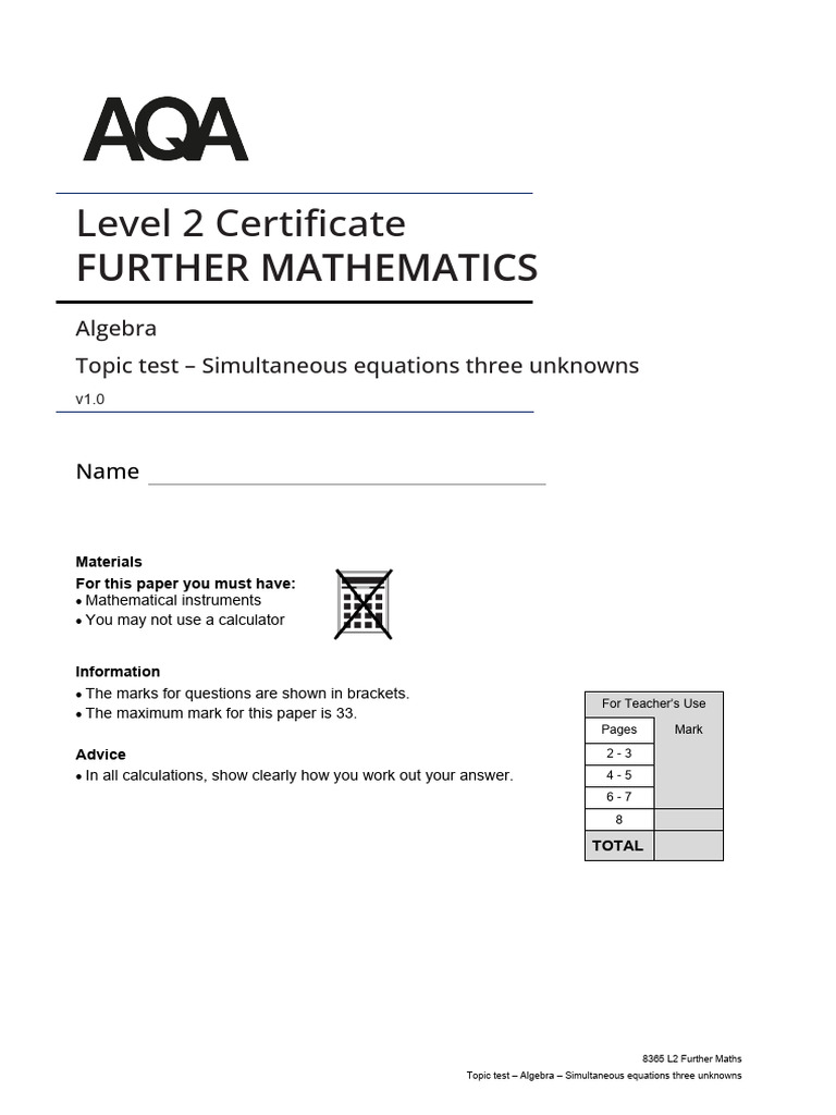 AQA TT - 3 Unknowns Simultaneous Equations QP | PDF | Equations ...